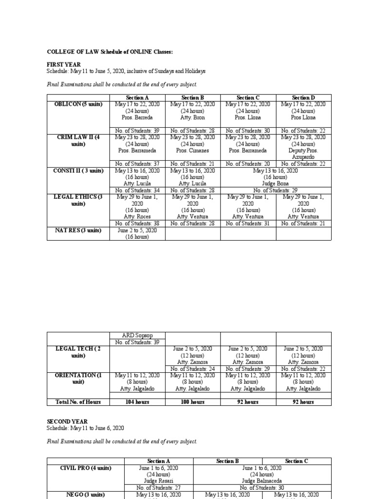 COLLEGE OF LAW Schedule of ONLINE Classes: First Year: Final ...