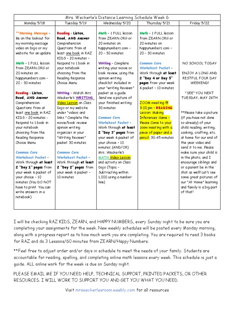 Distance Learning Schedule Week 6 May 18-22 | PDF | Worksheet | Learning