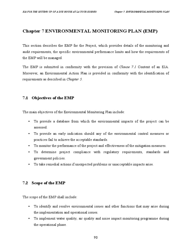 Chapter 7 Environmental Monitoring Plan (Emp) : 7.1 Objectives of The ...