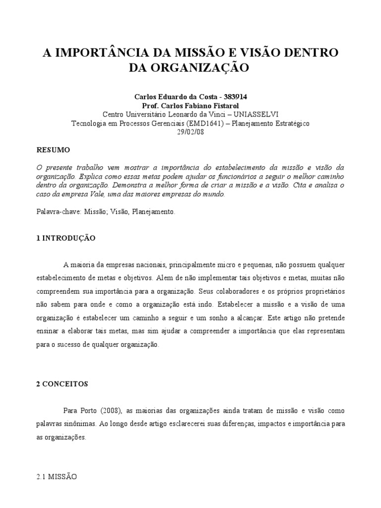A Importancia Da Missao e Visao Dentro Da Organizacao | PDF ...