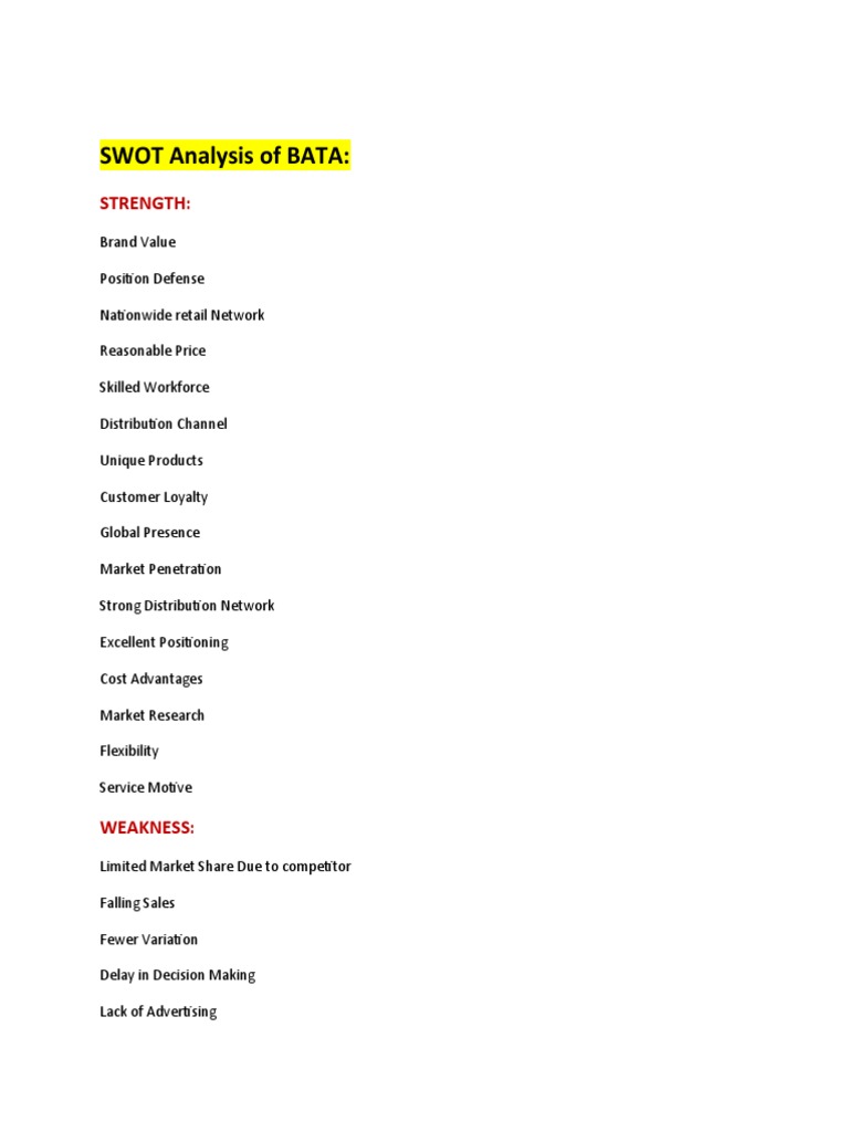 SWOT Analysis of BATA:: Strength | PDF | Retail | Business