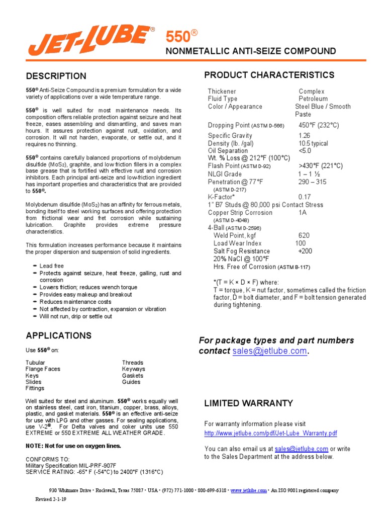 Jet-Lube 550 Nonmetallic AntiSeize Compound | PDF | Corrosion ...