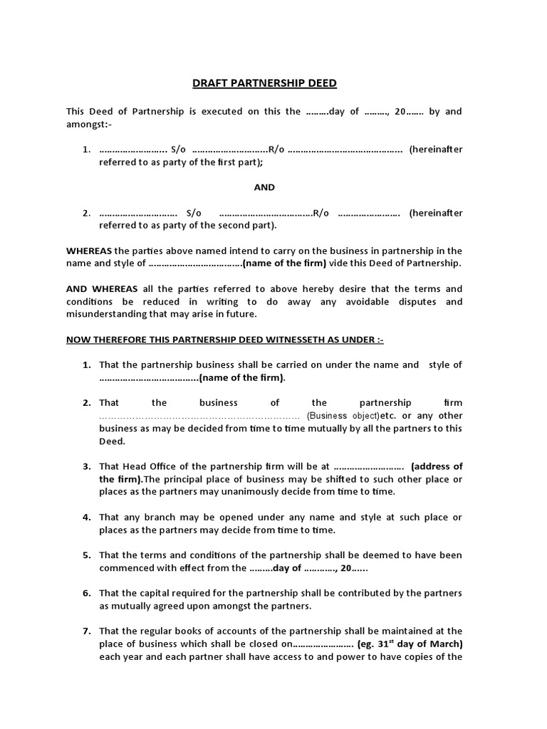 Draft Partnership Deed: (Business Object) | Download Free PDF | Takeover | Partnership