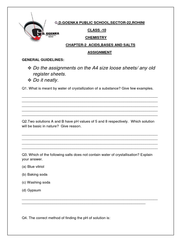 Acids Bases and Salts Assignment | PDF | Salt (Chemistry) | Sodium ...
