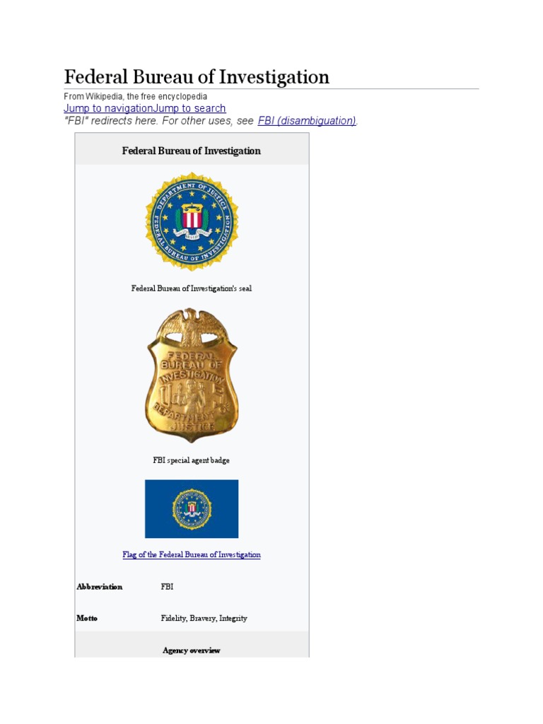 Federal Bureau of Investigation: Jump To Navigation Jump To Search ...