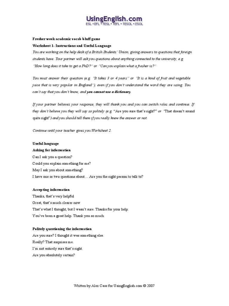 Fresher Week Academic Vocab Bluff Game Worksheet 1-Instructions and ...
