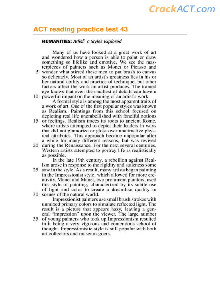 ACT Reading Practice Test 43-1-4 | PDF | Realism (Arts) | Impressionism