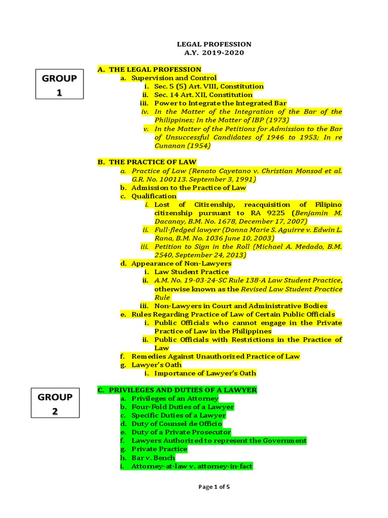 Group 1: Legal Profession A.Y. 2019-2020 A. The Legal Profession | PDF ...