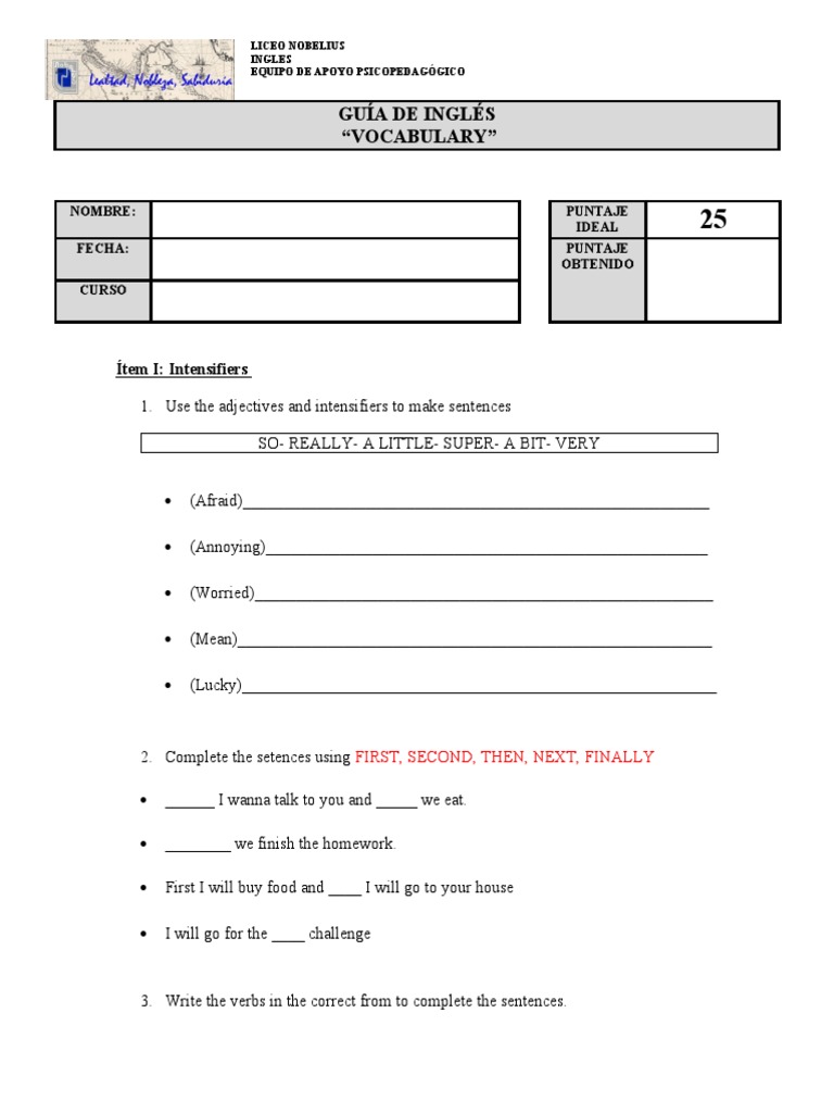 Guía de Inglés "Vocabulary": Ítem I: Intensifiers | PDF