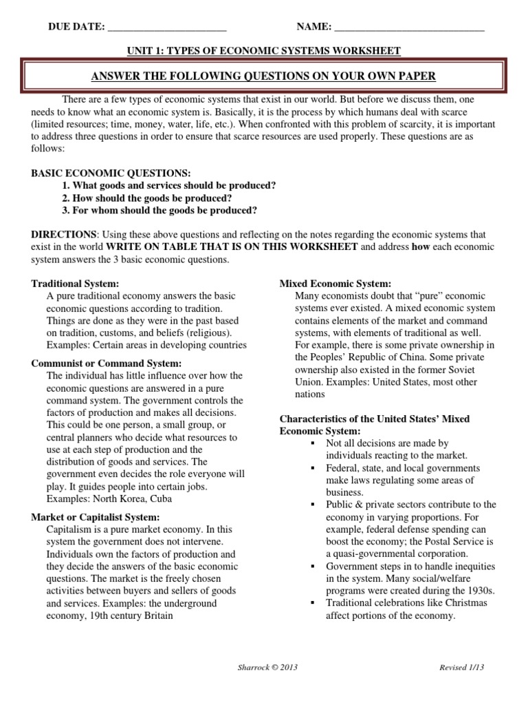 Types of Economic Systems Worksheet PDF | PDF | Economic System ...