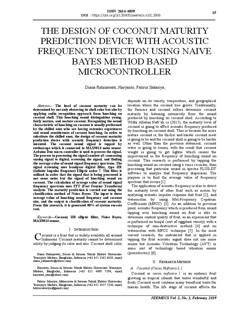The Design of Coconut Maturity Prediction Device With Acoustic Frequency Detection Using Naive ...