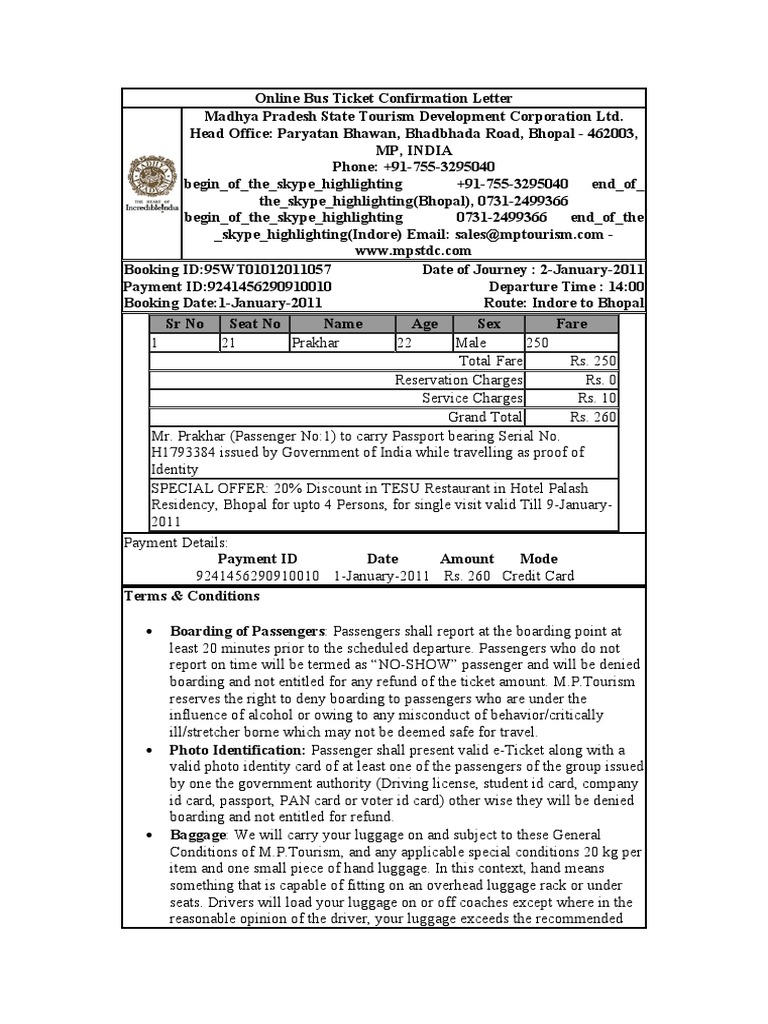Online Bus Ticket Confirmation Letter | PDF | Identity Document | Baggage