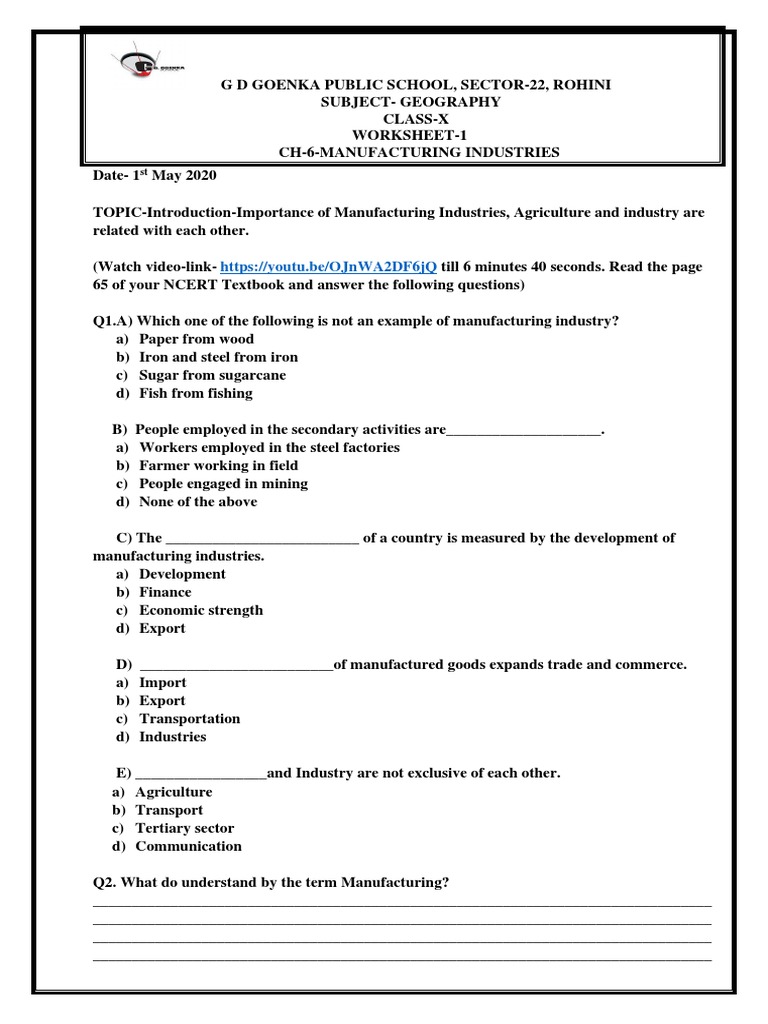 Manufacturing Industries Worksheet Class 10 | PDF | Industries ...