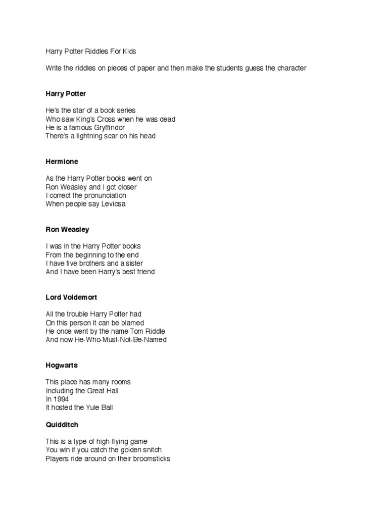 Harry Potter Riddles for Kids | PDF | General Fiction
