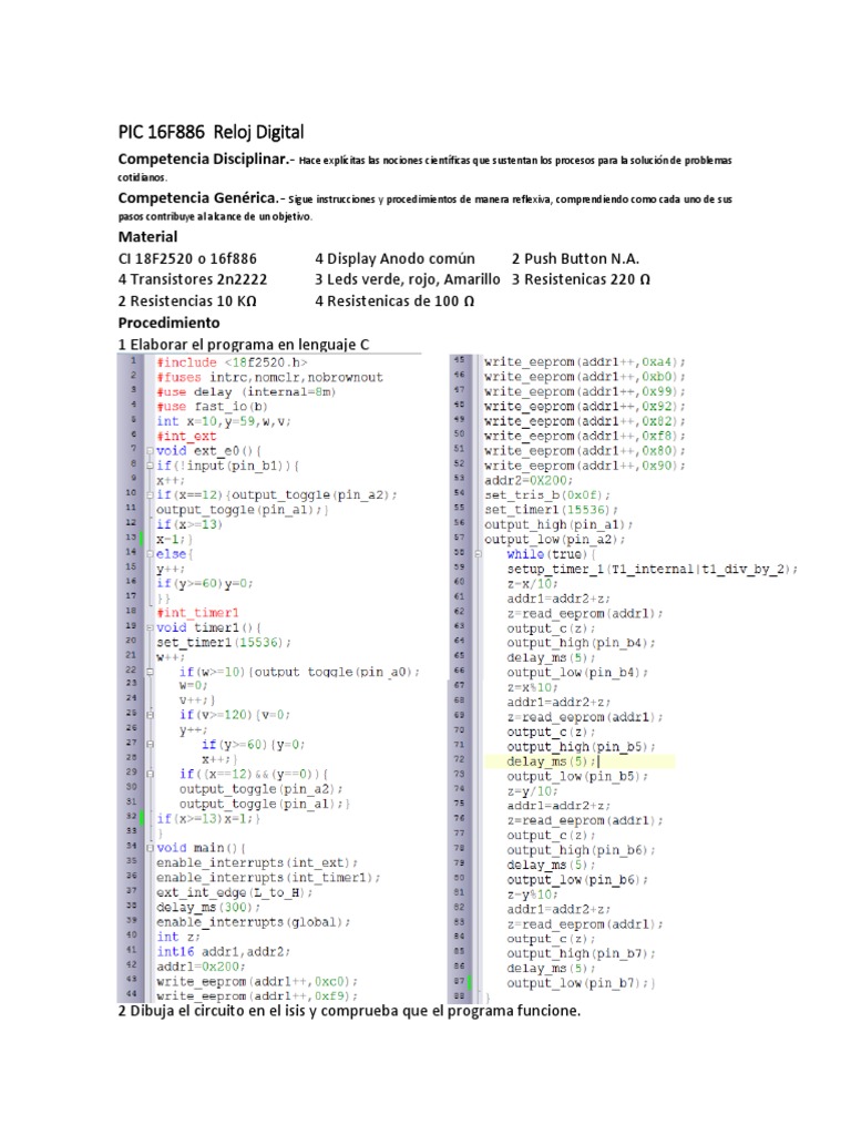 PROYECTO PIC16F886 Reloj Digital | PDF