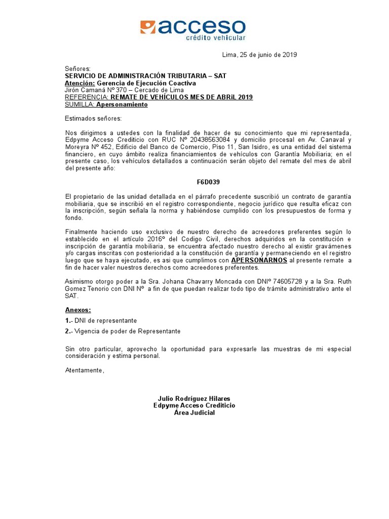 Apersonamiento Remate Sat | PDF
