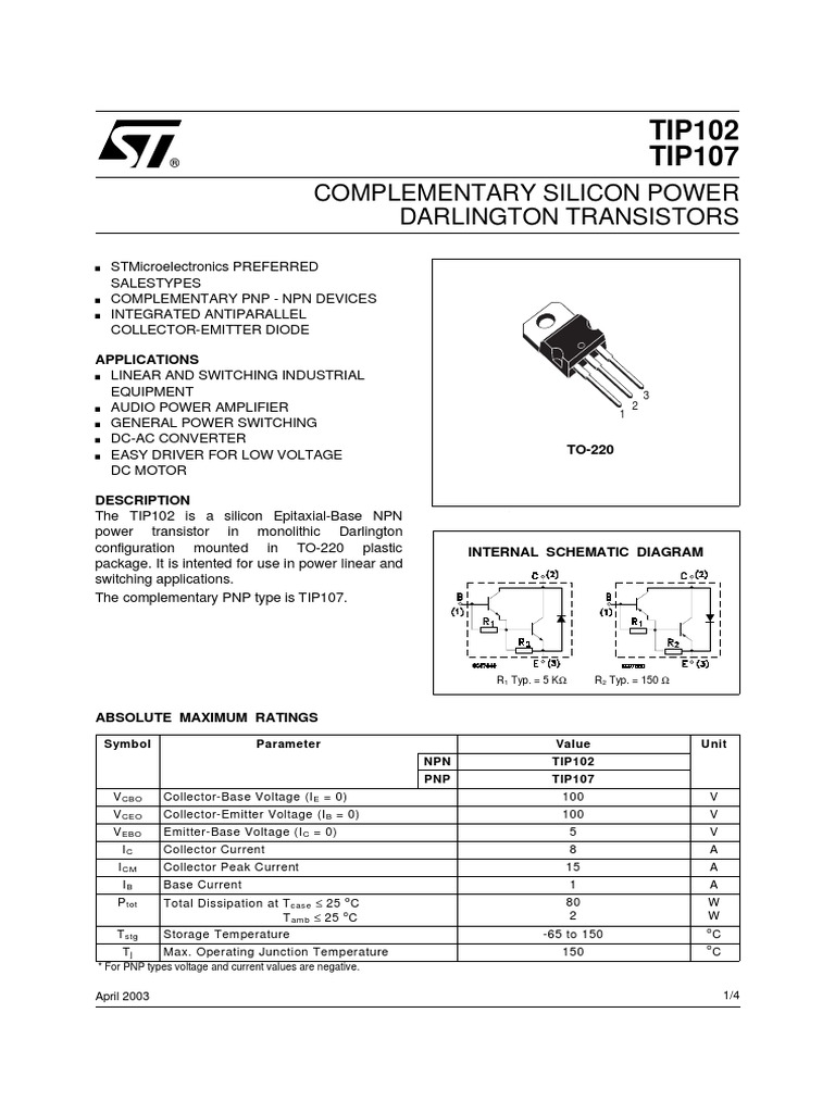 Complementary Silicon Power Darlington Transistors: TIP102 TIP107 | PDF | Bipolar Junction ...