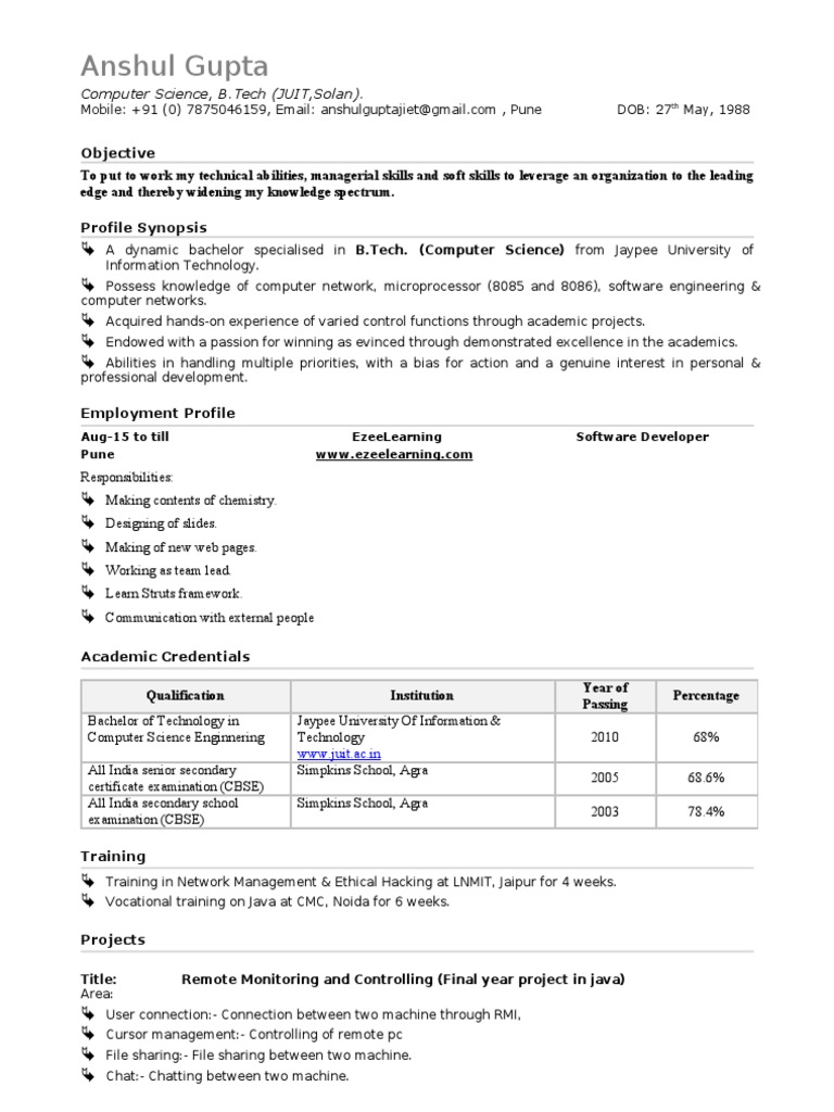 Anshul Gupta: B.Tech Computer Science Resume | PDF