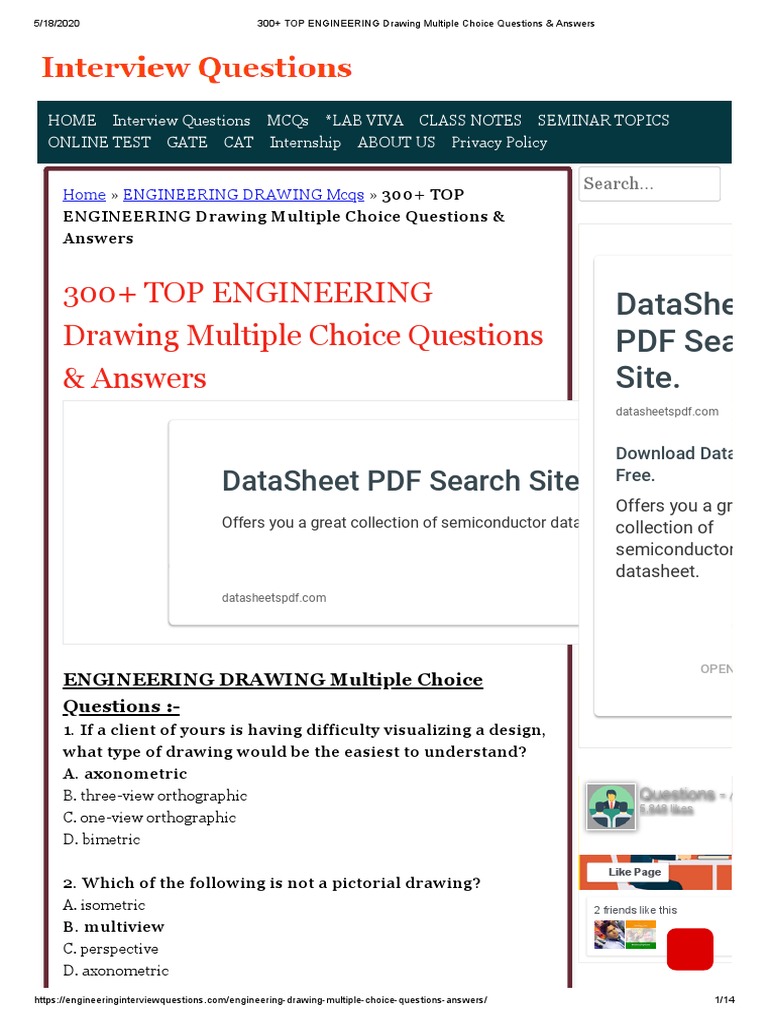 300+ TOP ENGINEERING Drawing Multiple Choice Questions & Answers | PDF ...