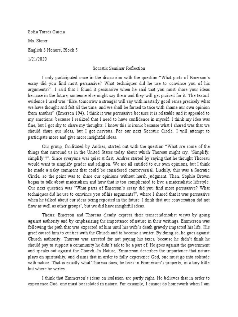 Socratic Seminar Reflection Emmerson and Thoreau | PDF | Henry David ...
