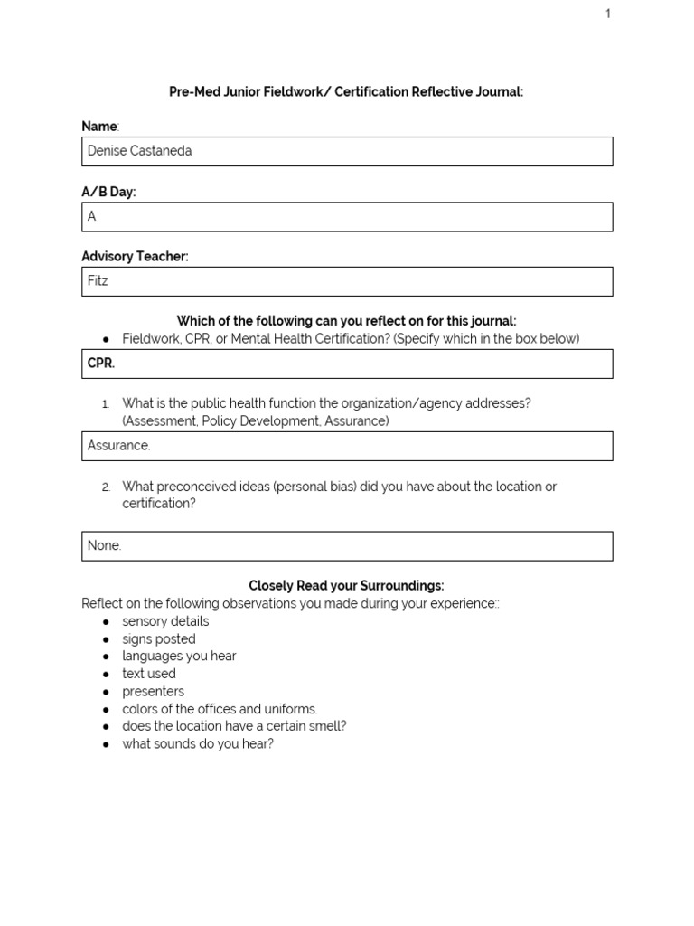 CPR Fieldwork Reflection | PDF | Experience | Applied Psychology