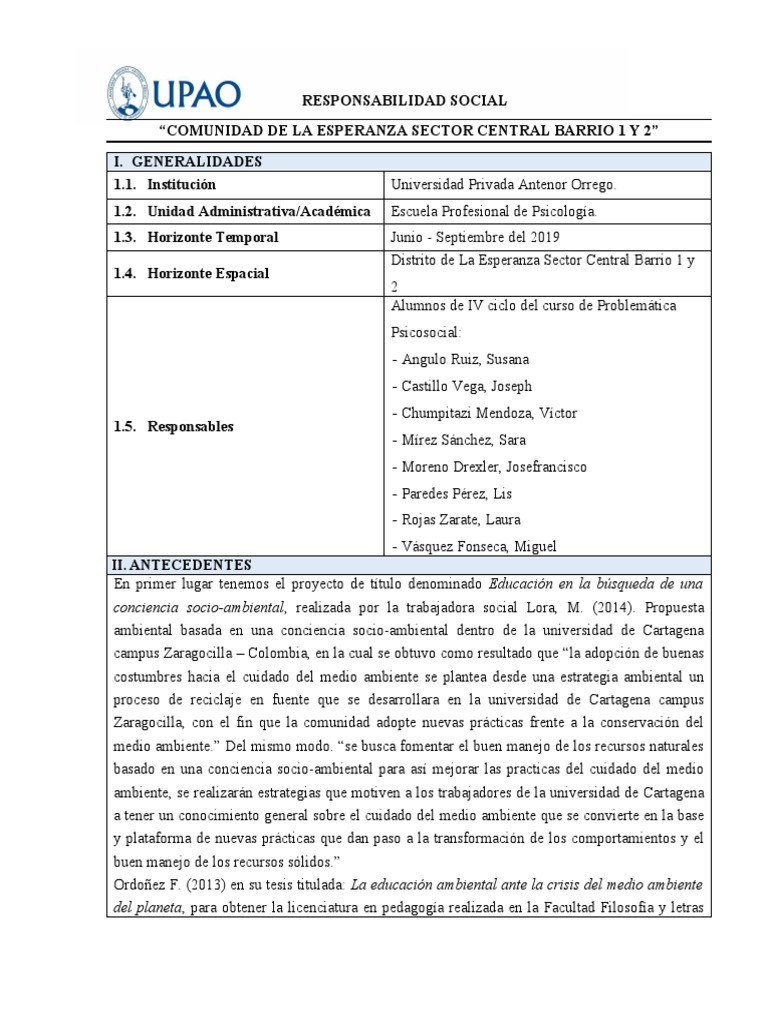 Proyecto de responsabilidad social "Comunidad de la Esperanza Sector Central Barrio 1 y 2 | PDF ...