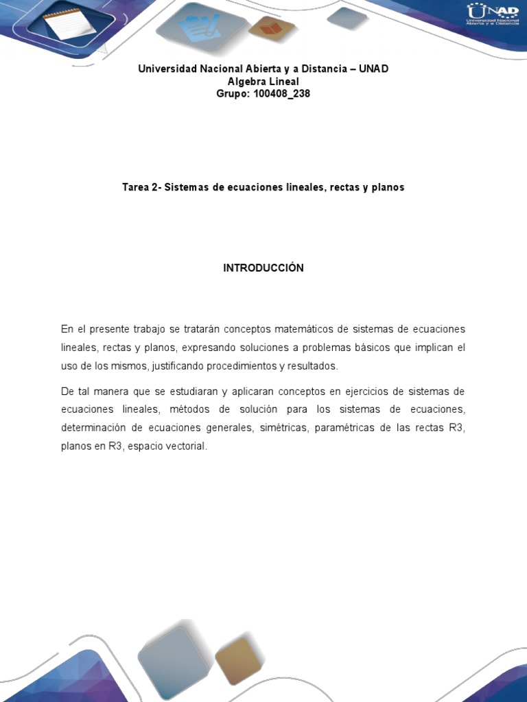 Tarea 2 Sistema de Ecuaciones Lineales, Rectas y Planos | PDF ...