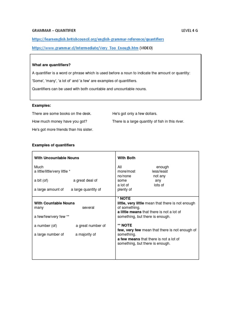 Grammar - Quantifier Level 4 G | PDF | Quantity | Noun