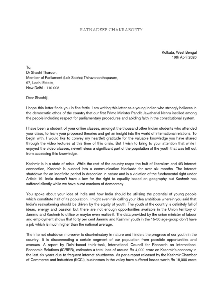 Letter To Shashi Tharoor | PDF | Government | Internet