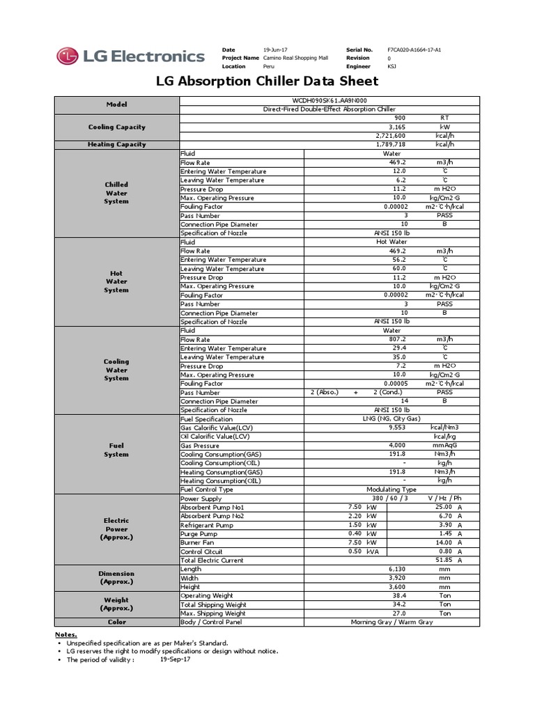 LG Absorption Chiller Data Sheet: Model Cooling Capacity | PDF | Nozzle ...