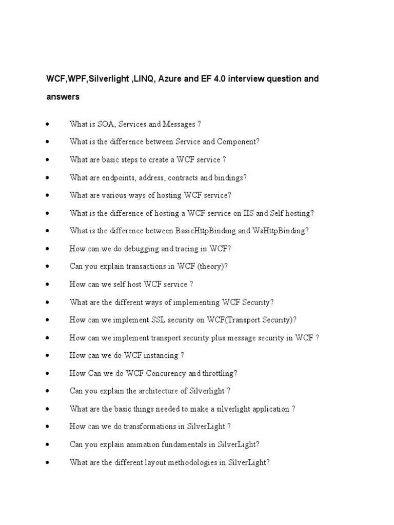 WCF, WPF, Silverlight, LINQ, Azure and EF 4.0 Interview Question and Answers | PDF | Extensible ...