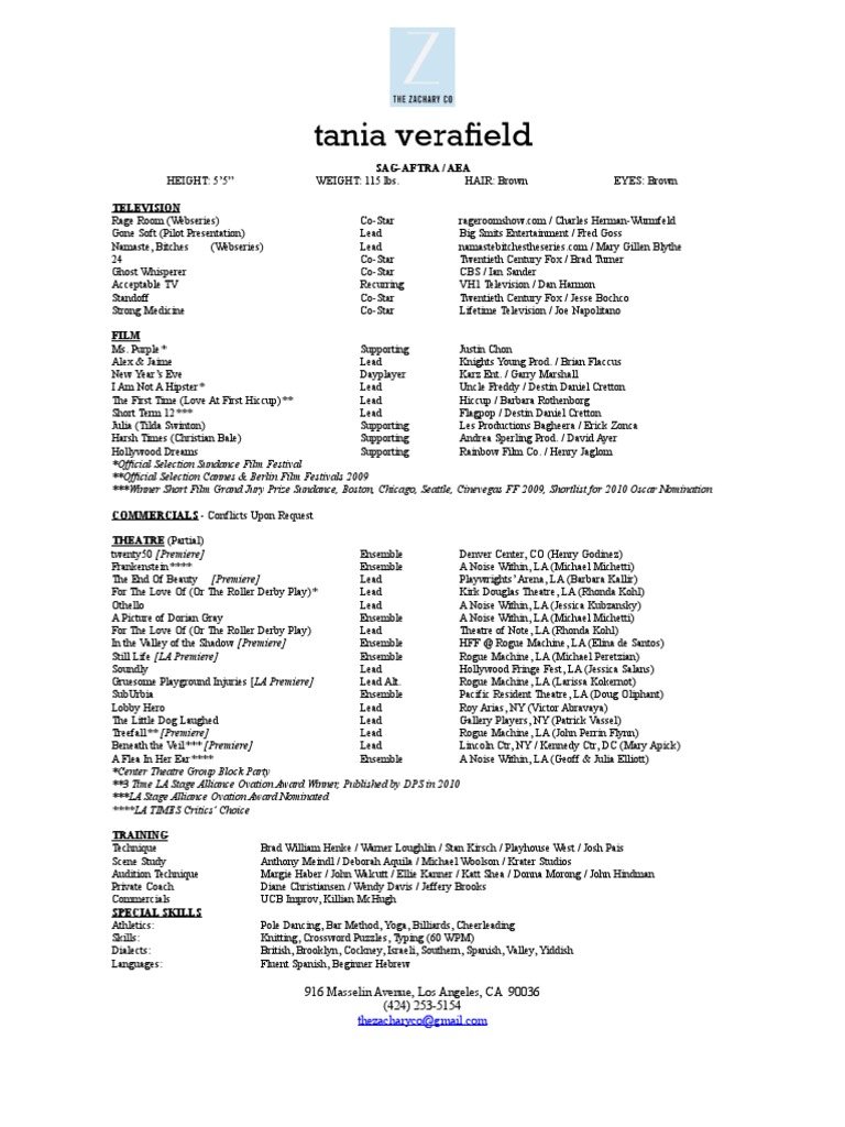 Tania Verafield Acting Resume | PDF