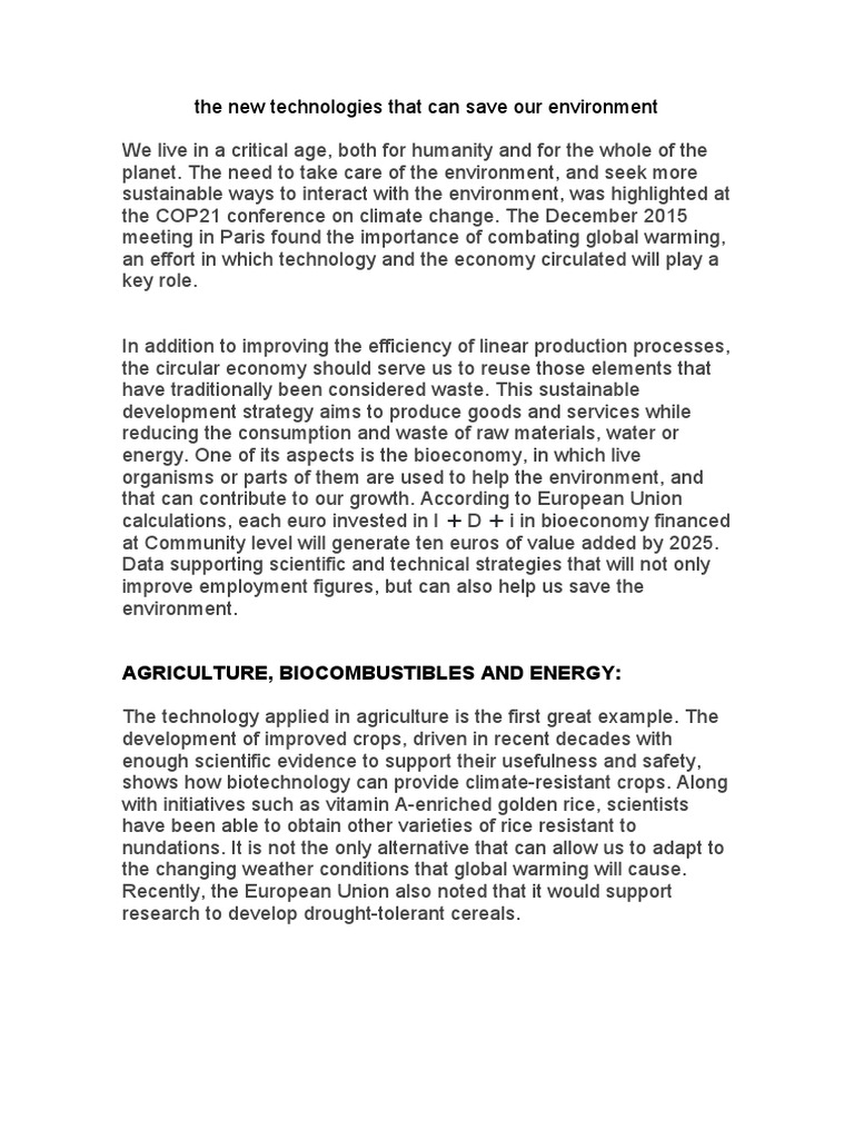The New Technologies That Can Save Our Environment | PDF | Agriculture ...