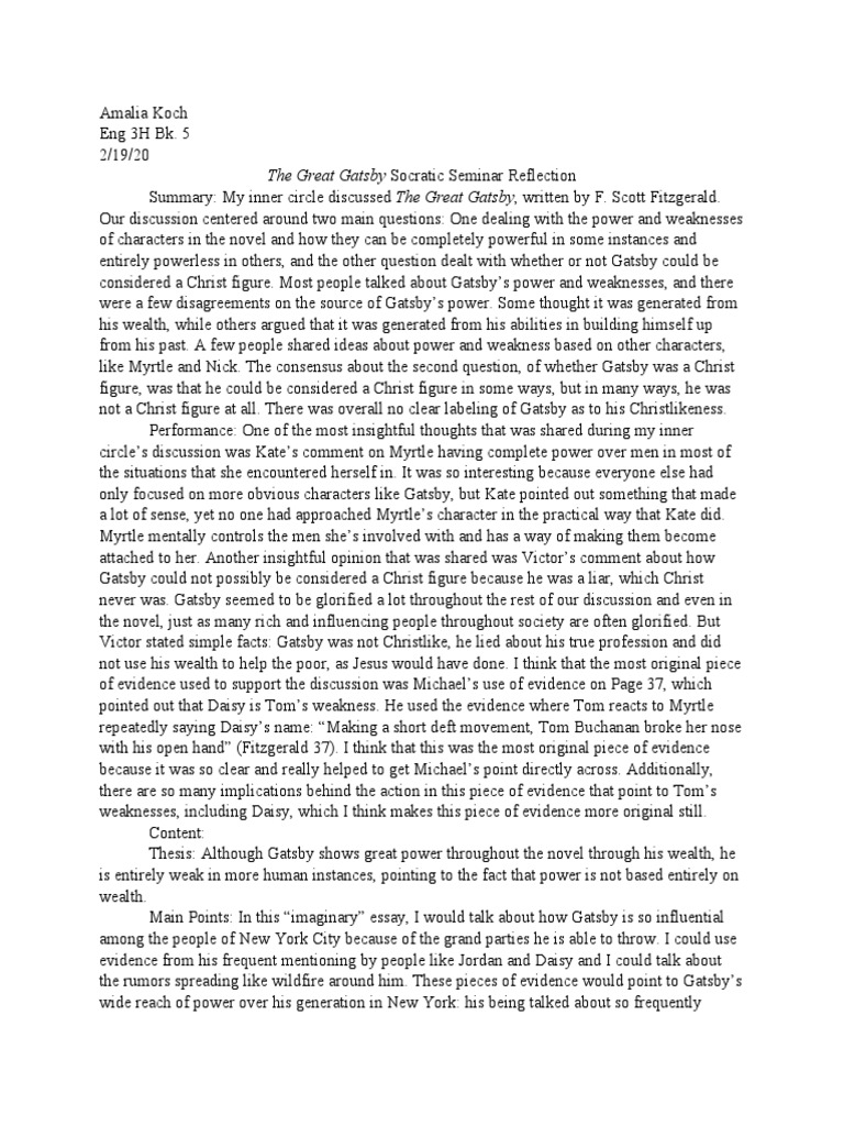 The Great Gatsby Socratic Circle Reflection | Download Free PDF | The ...