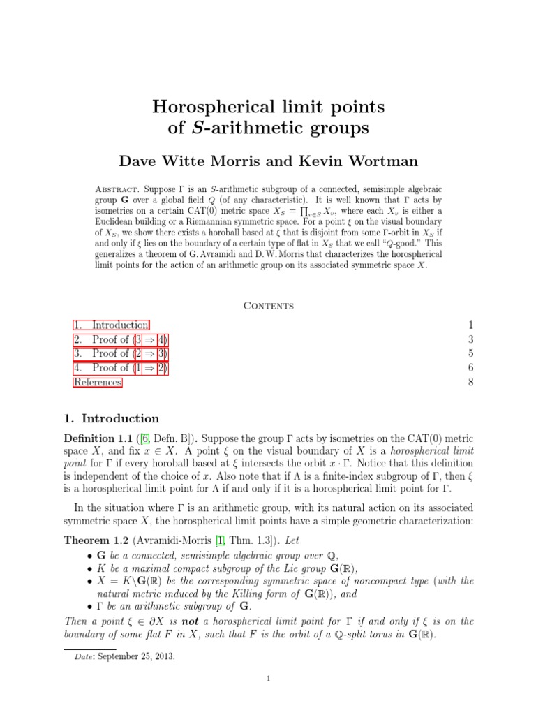 Horospherical Limit Points of S-Arithmetic Groups: Dave Witte Morris and Kevin Wortman | PDF ...