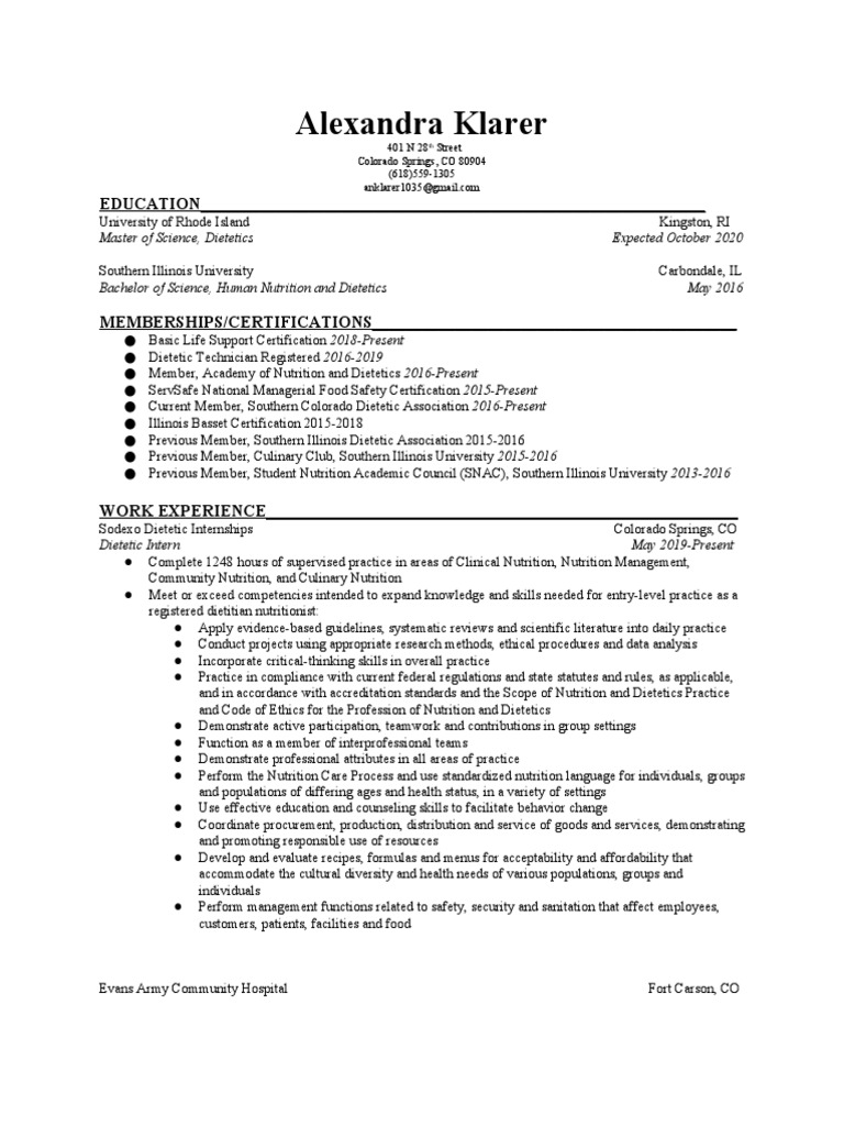 Klarer Alexandra Resume 2020 | PDF | Dietitian | Restaurants