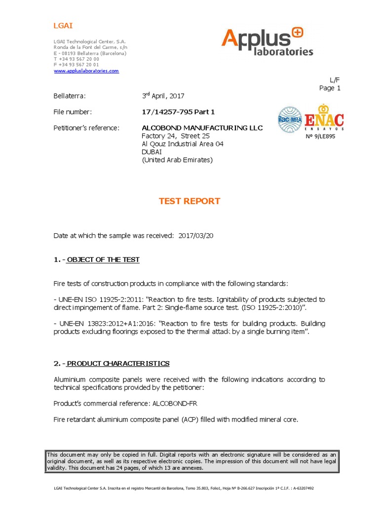 Applus EN 13501-1 Test Report Part 1 PDF | PDF | Aluminium ...