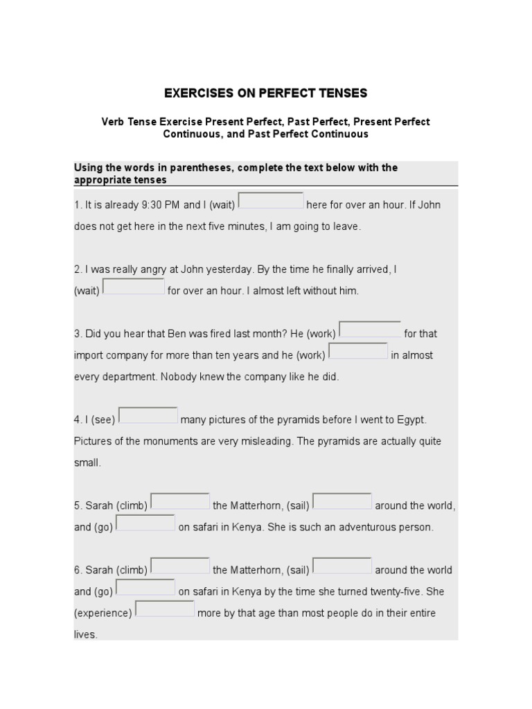 Perfect Tense Exercises | PDF | Perfect (Grammar) | Grammatical Tense