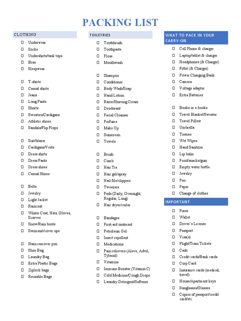 Packing List: What To Pack in Your Carry-On | PDF | Clothing | Fashion