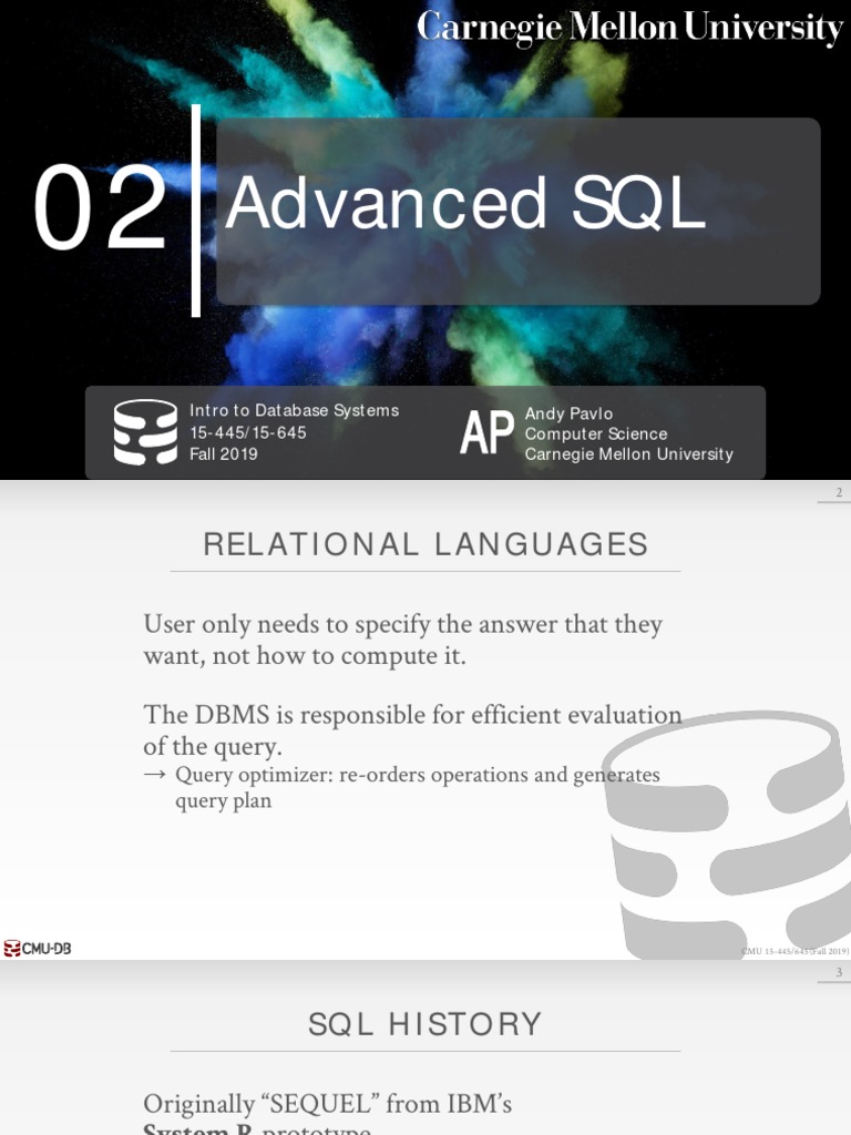 Advanced SQL: Intro To Database Systems Andy Pavlo | PDF | Sql | Databases