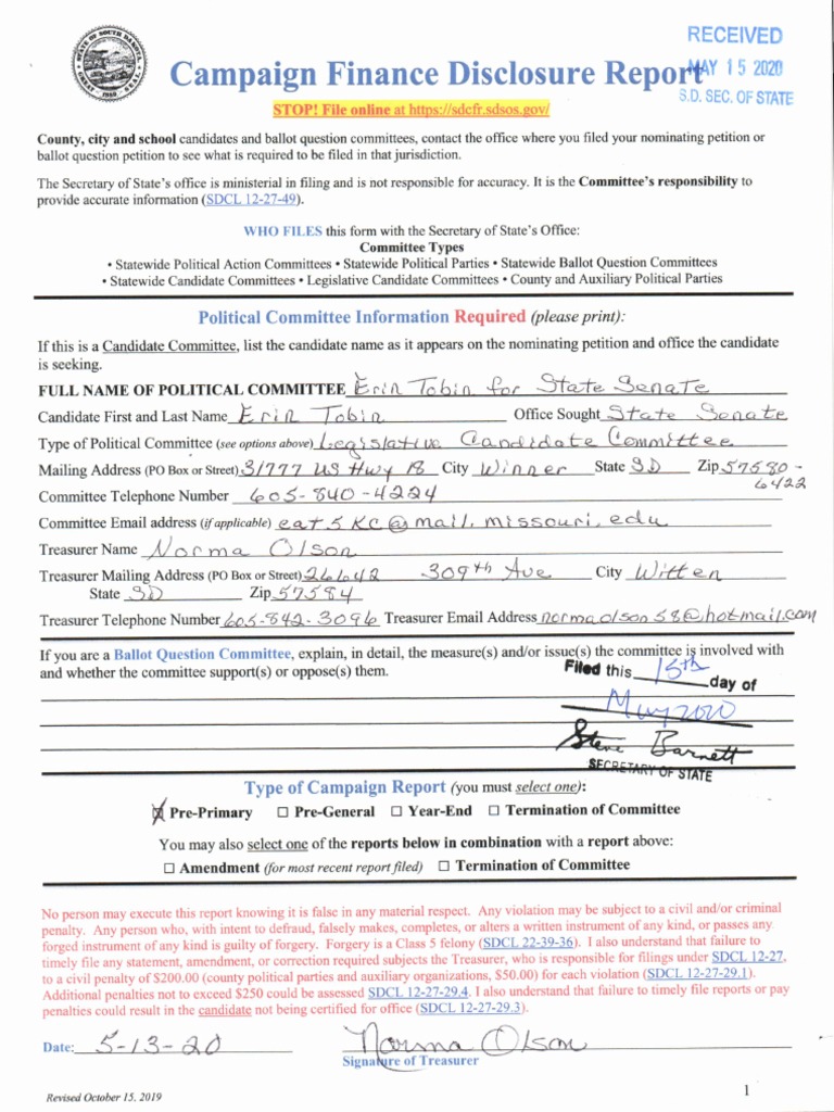 Erin Tobin 2020 Pre-Primary Campaign Finance Report | PDF