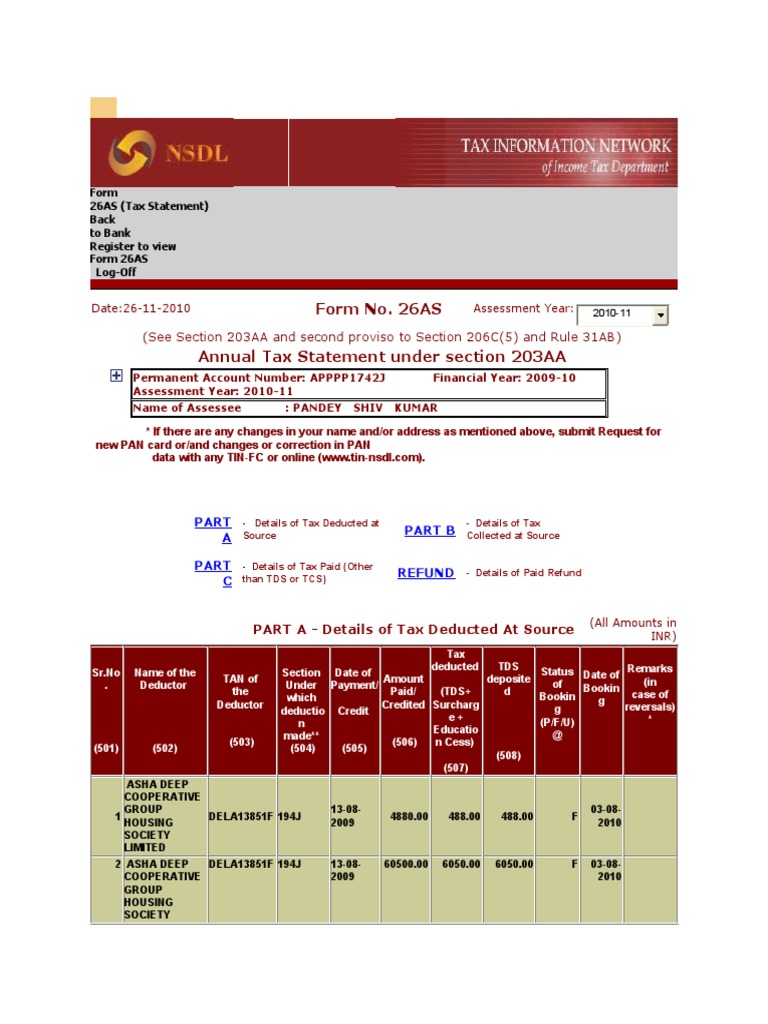 Form No. 26AS Annual Tax Statement Under Section 203AA | Download Free ...