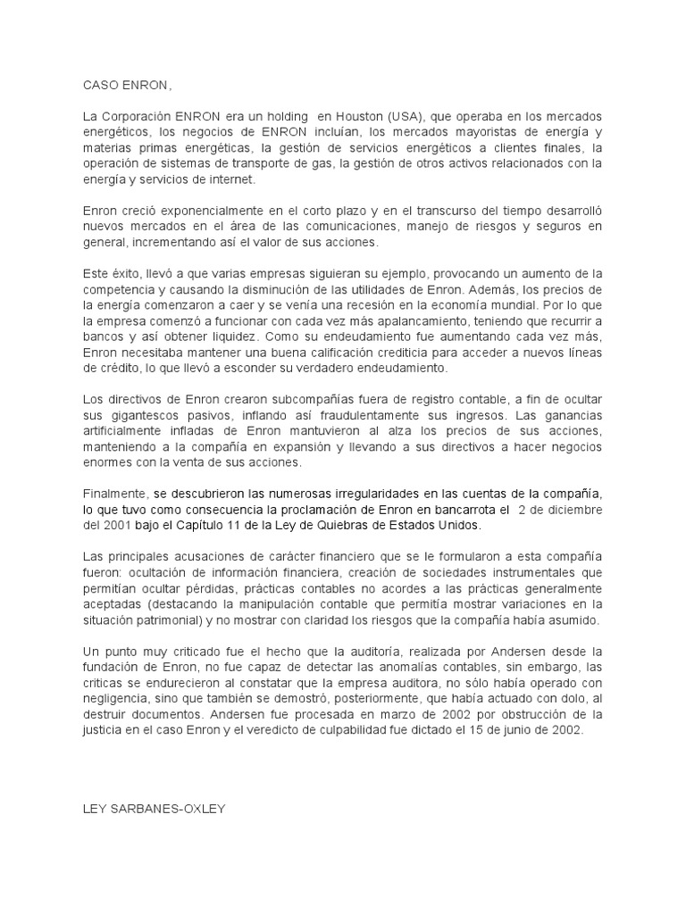 Fraude Enron y Ley Sarbanes-Oxley | PDF | Enron | Empresas