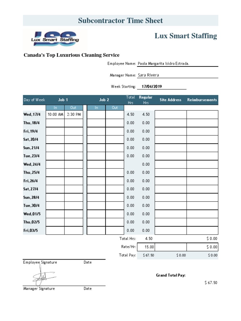 Subcontractor Time Sheet: Canada's Top Luxurious Cleaning Service | PDF ...