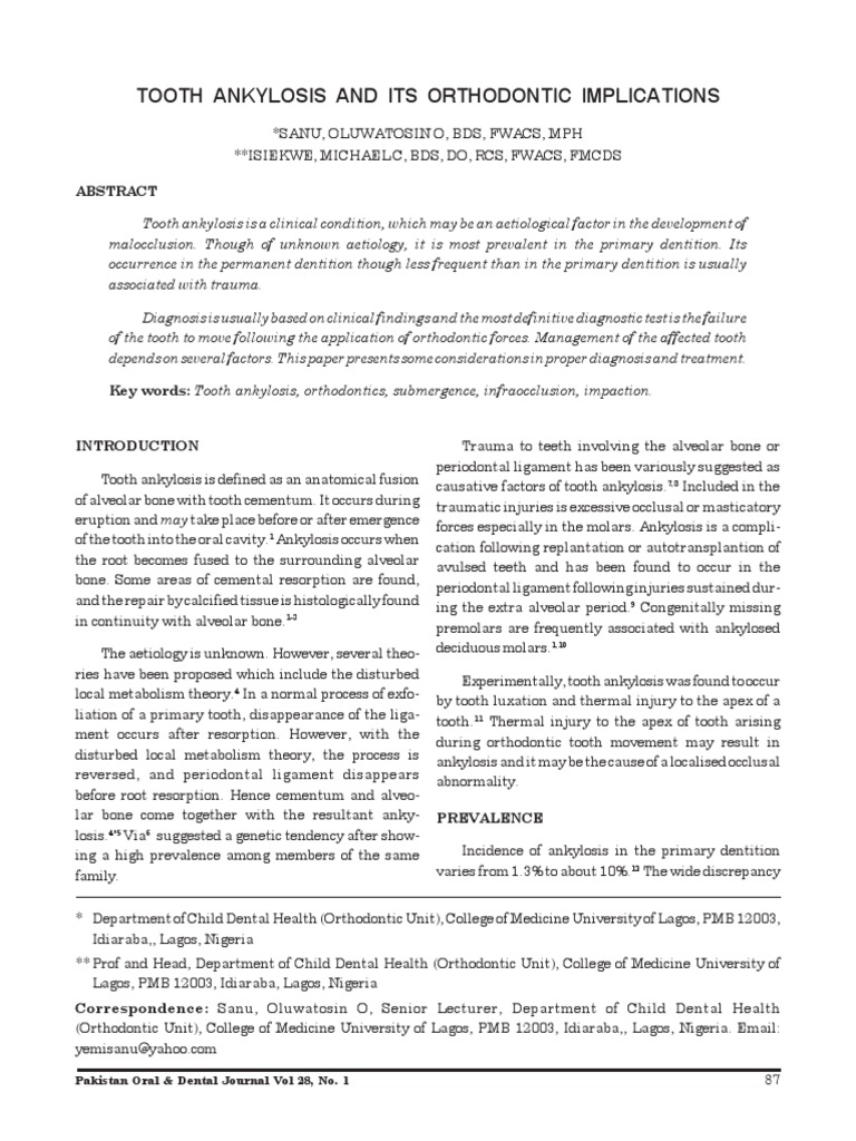 Tooth Ankylosis and Its Orthodontic Implications | PDF | Human Tooth ...
