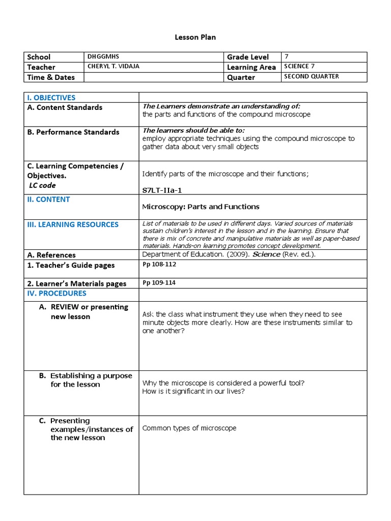 Lesson Plan Science 7 q2 | PDF | Microscope | Lesson Plan