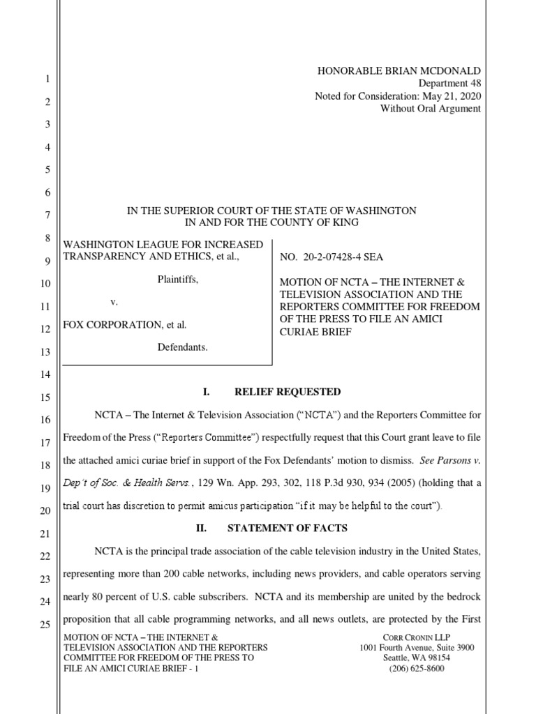 WASHLITE v. FOX NEWS - Motion To File Amici Curiae | PDF | First ...