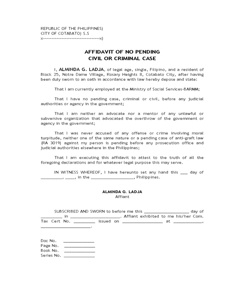 Affidavit of No Pending Civil or Criminal Case: Alminda G. Ladja | PDF