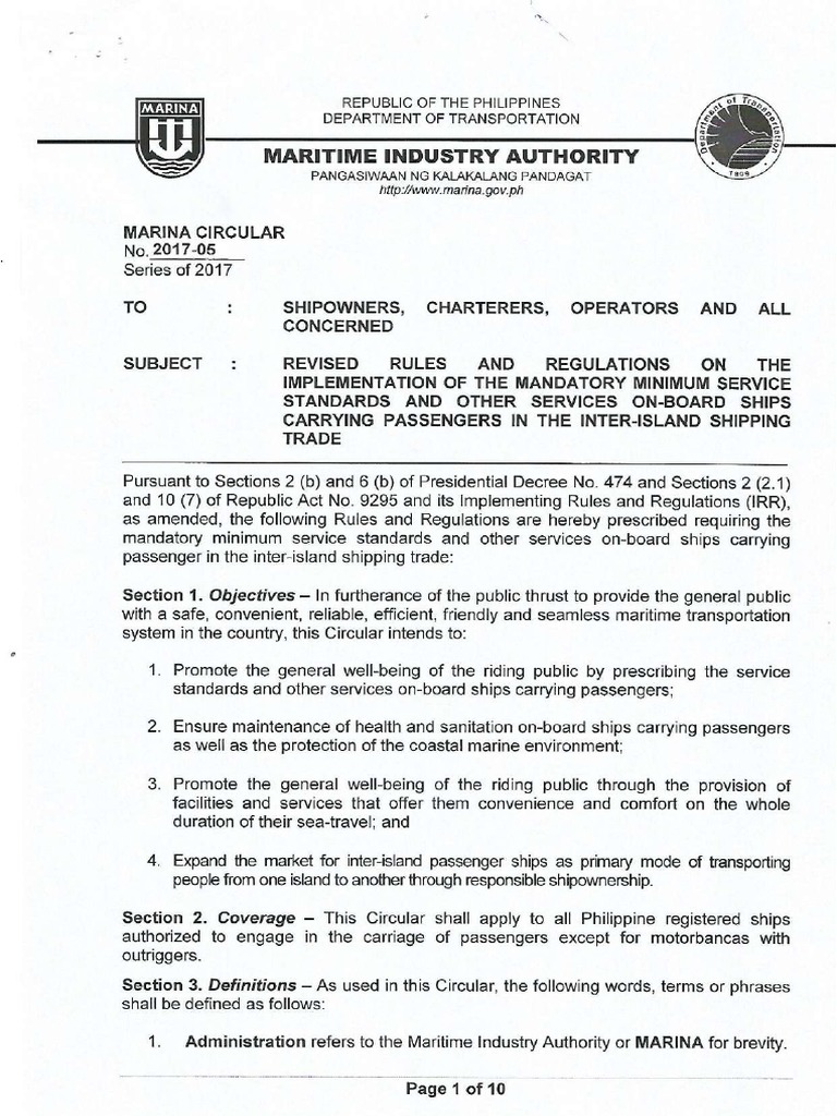 Marina Circular (MC-2017-05) Minimum Service Standards | PDF