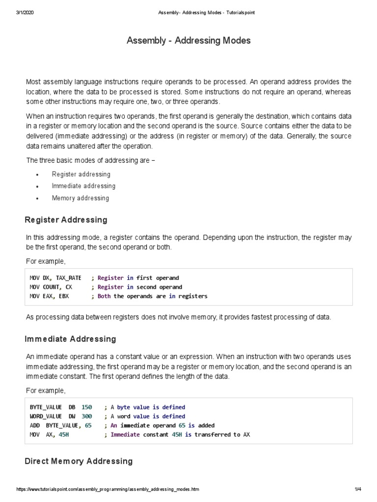 Assembly - Addressing Modes - Tutorialspoint | PDF | Office Equipment | Computer Architecture